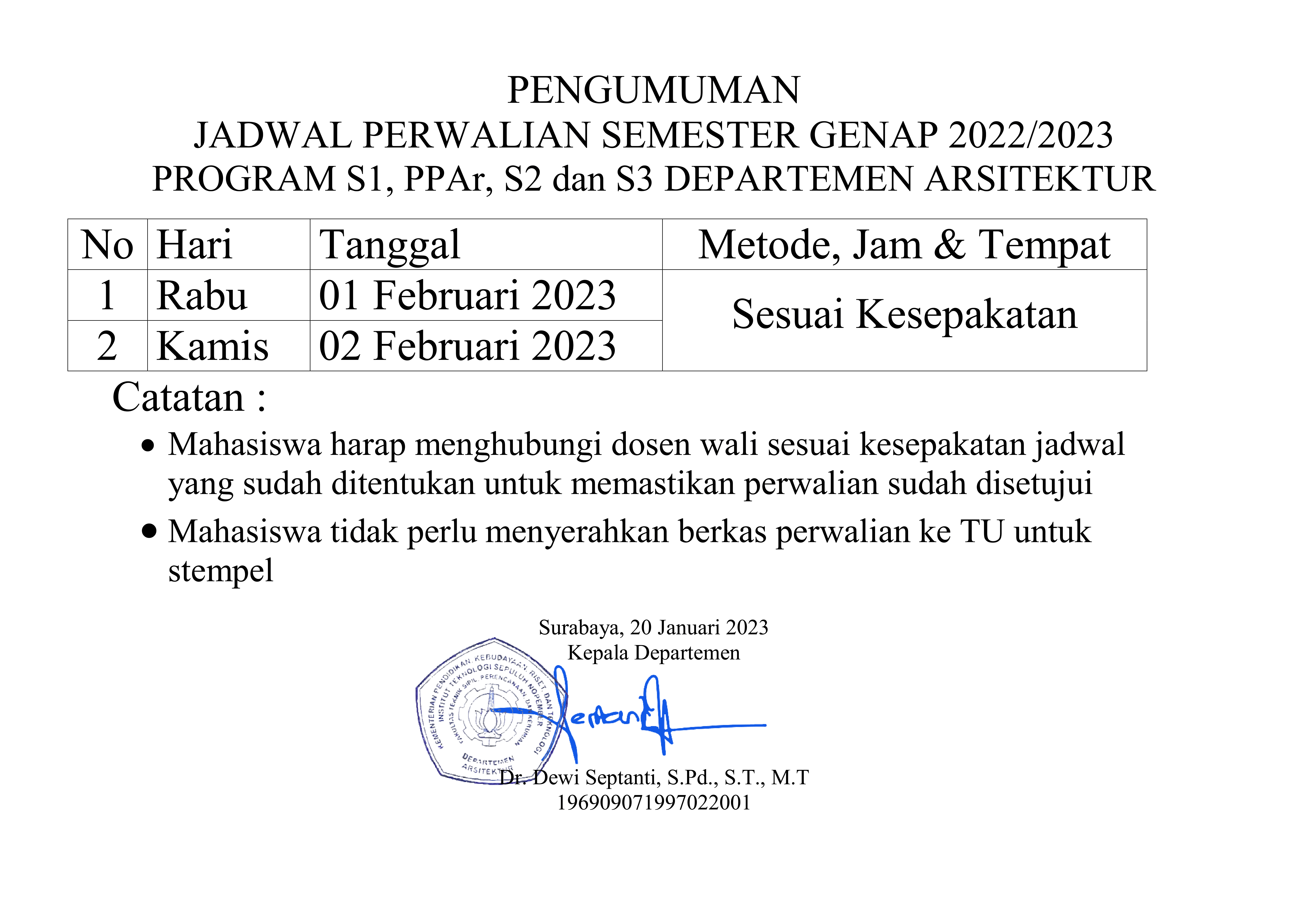 PENGUMUMAN PERWALIAN GENAP 2223_001 - Departemen Arsitektur