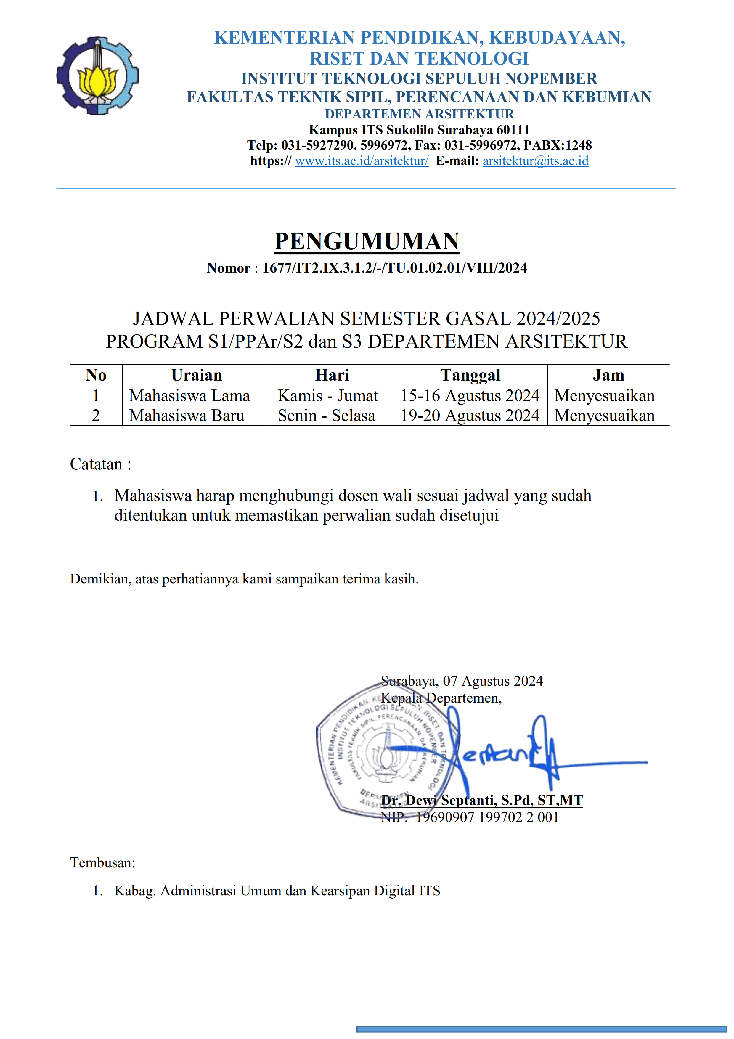 1677 Pengumuman Perwalian Semester gasal 2024-2025_001 - Departemen Arsitektur