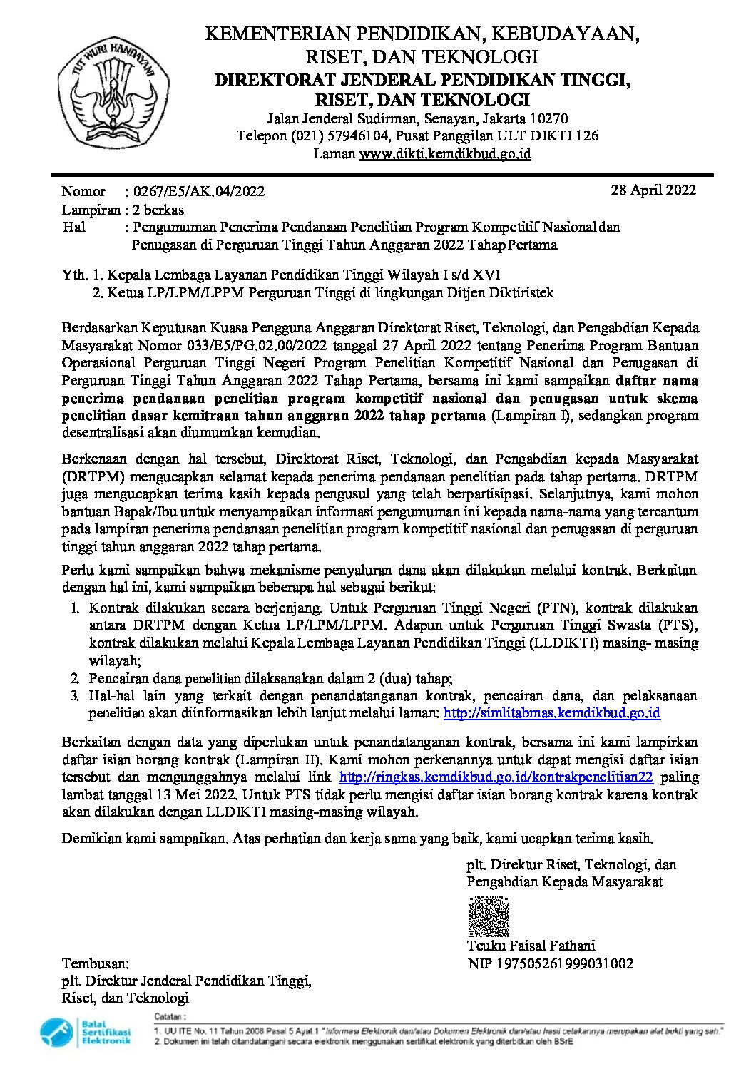 Pengumuman Penerima Pendanaan Penelitian Program Kompetitif Nasional dan Penugasan di Perguruan ...