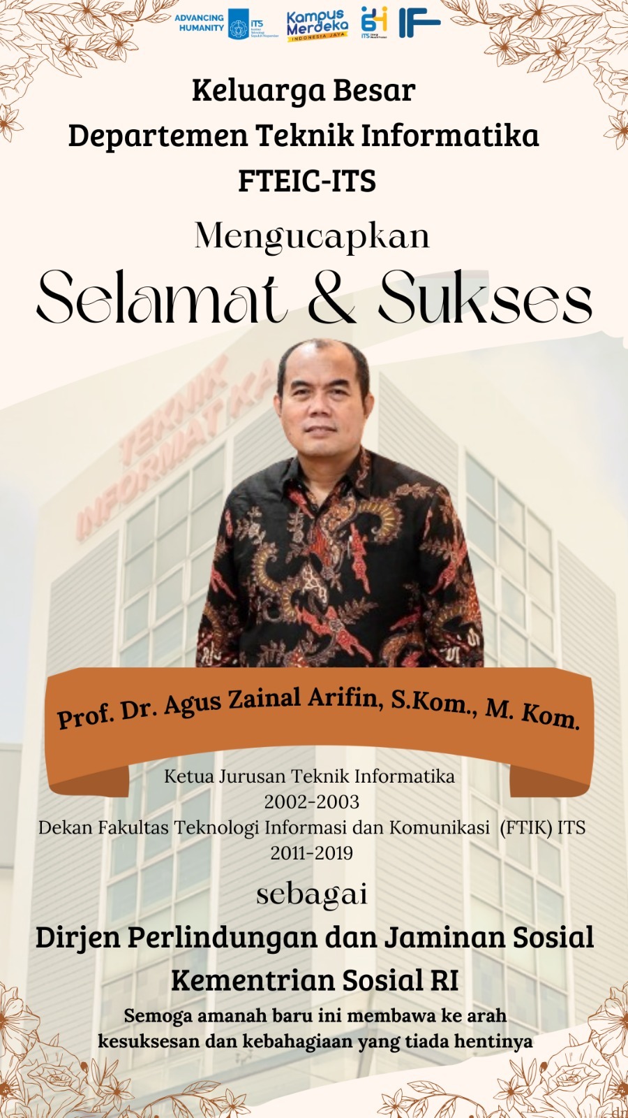 Selamat dan Sukses Prof. Dr. Agus Zainal Arifin, S.Kom, M.Kom - Departemen Teknik Informatika