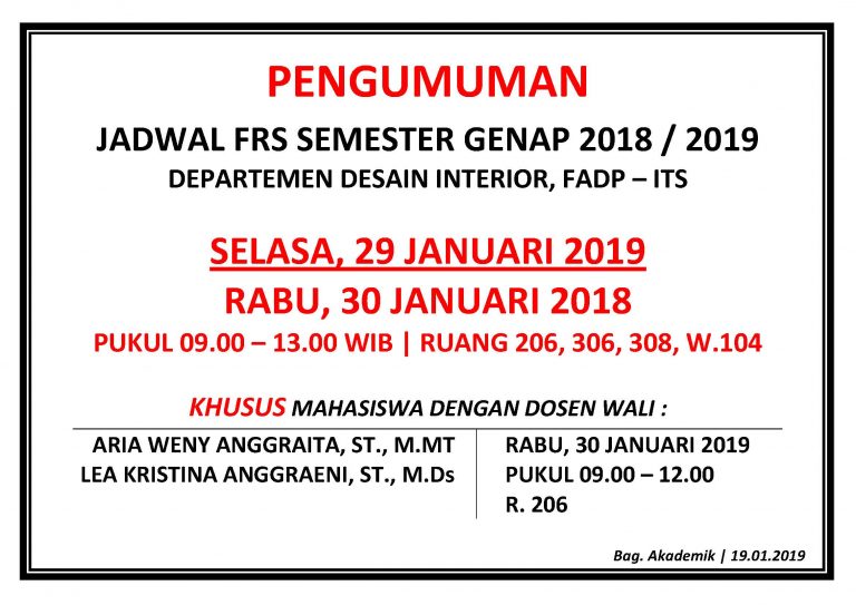 Pengumuman Perwalian Semester Genap 2018/2019 - Departemen Desain Interior