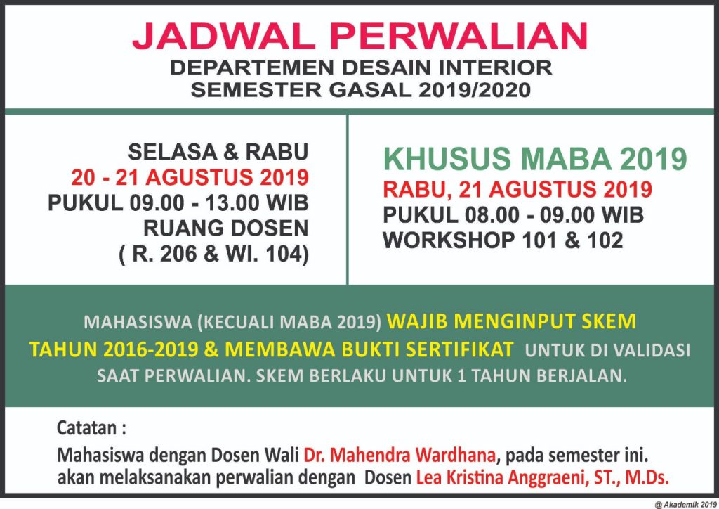 Jadwal Perwalian Departemen Desain Interior Semester Gasal 2019/2020 - Departemen Desain Interior