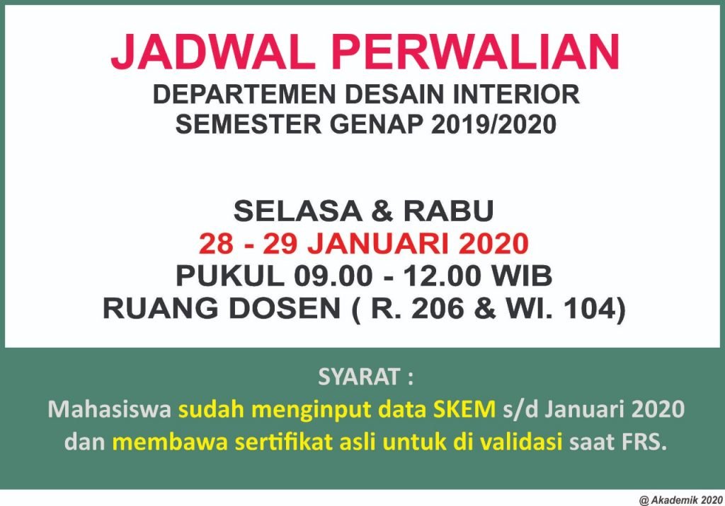 Jadwal Perwalian Departemen Desain Interior Semester Genap 2019/2020 - Departemen Desain Interior