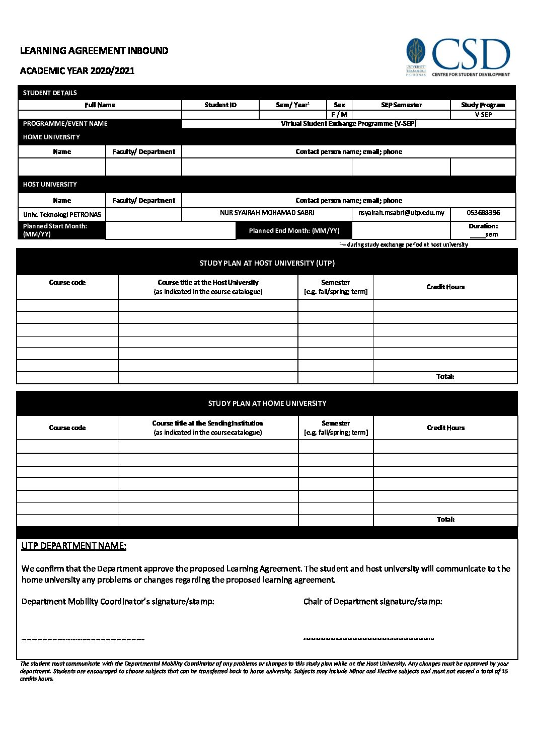 6 Learning Agreement Form (PRE) INBOUND - ITS Global Engagement