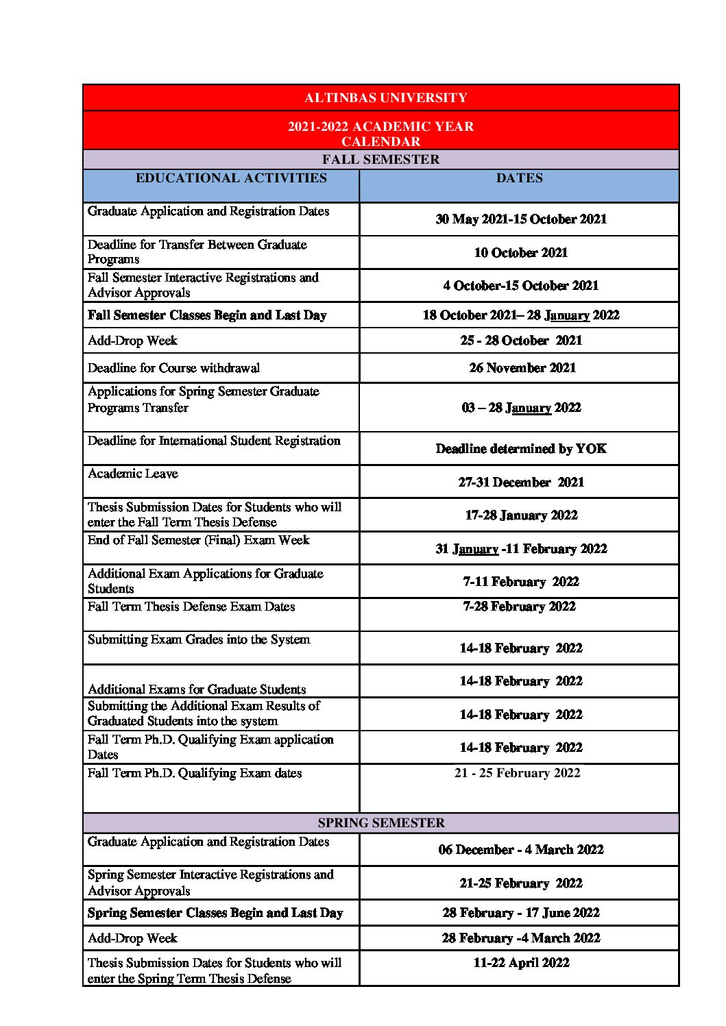 Academic Calendar - ITS Global Engagement