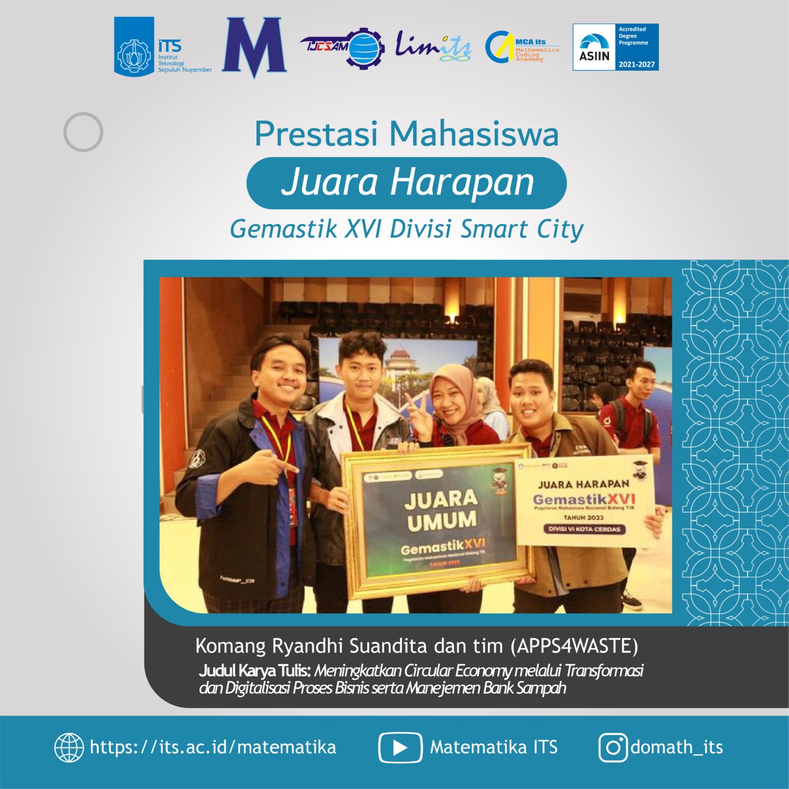 Mahasiswa Matematika dan Tim Raih Juara Harapan Pada Ajang Gemastik 16 - Departemen Matematika ...