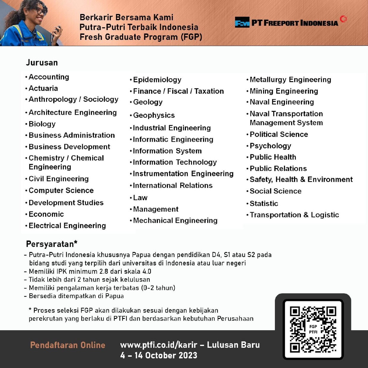 Open Recruitment "Fresh Graduate Program" oleh PT Freeport indonesia - Departemen Teknik Geofisika