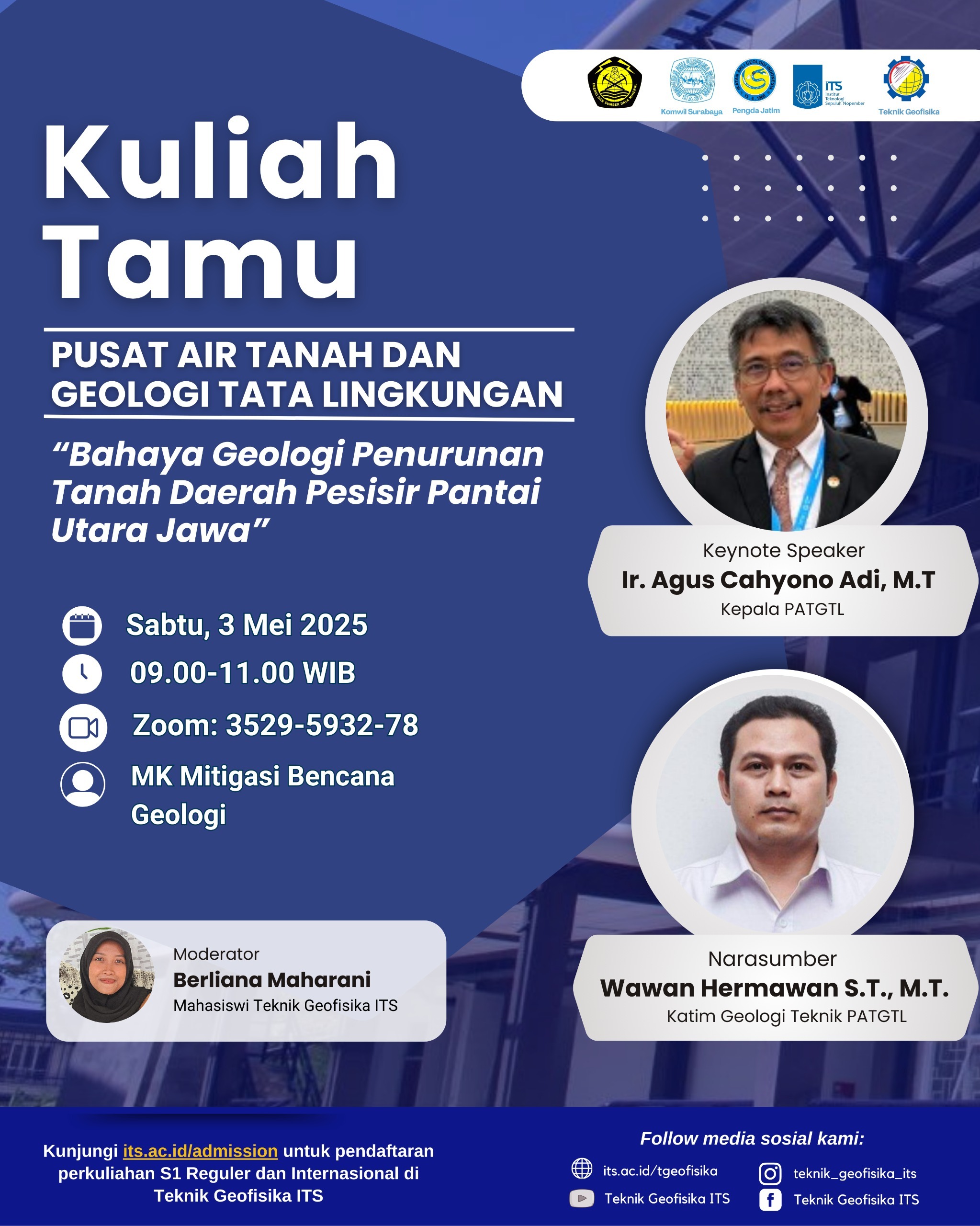Poster Kuliah Tamu Teknik Geofisika ITS - Bahaya Geologi Penurunan Tanah Daerah Pesisir Pantai ...