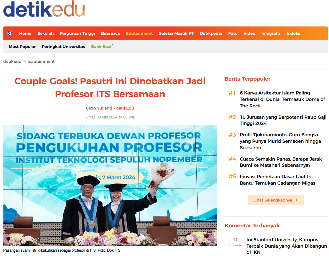 DETIK : Couple Goals! Pasutri Ini Dinobatkan Jadi Profesor ITS Bersamaan - Departemen Teknik ...