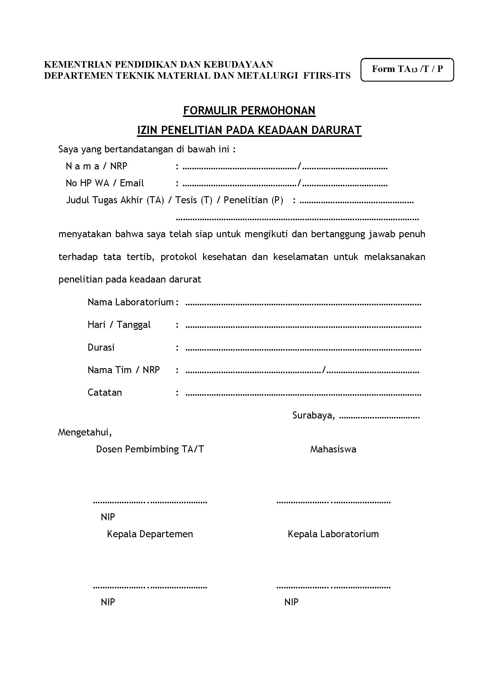 Formulir Permohonan Izin Penelitian pada Kondisi Darurat - Departemen ...