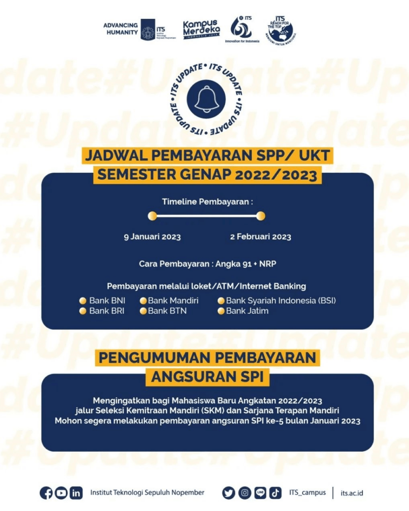 Jadwal Pembayaran SPP/UKT Semester Genap 2022/2023 - Institut Teknologi Sepuluh Nopember